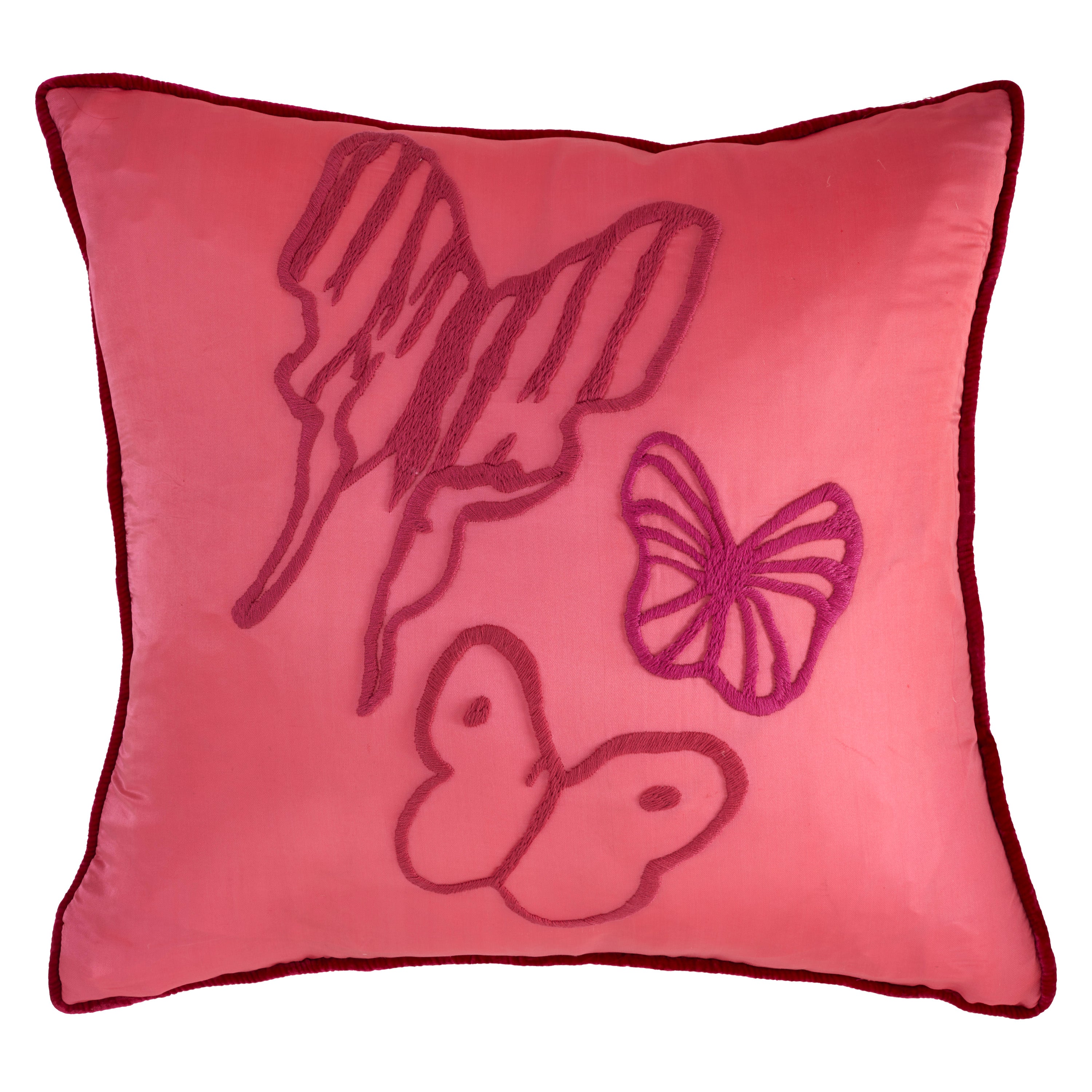 Hand-Embroidered Silk & Velvet Butterfly Pillow, Hot Pink, 18 x 18 ...