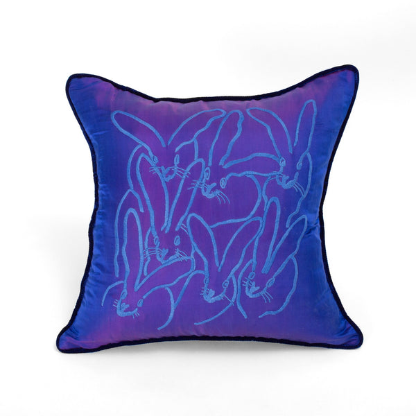 Hand Embroidered Silk & Velvet Bunny Pillow, Indigo, 22 x 22 - Hunt Slonem