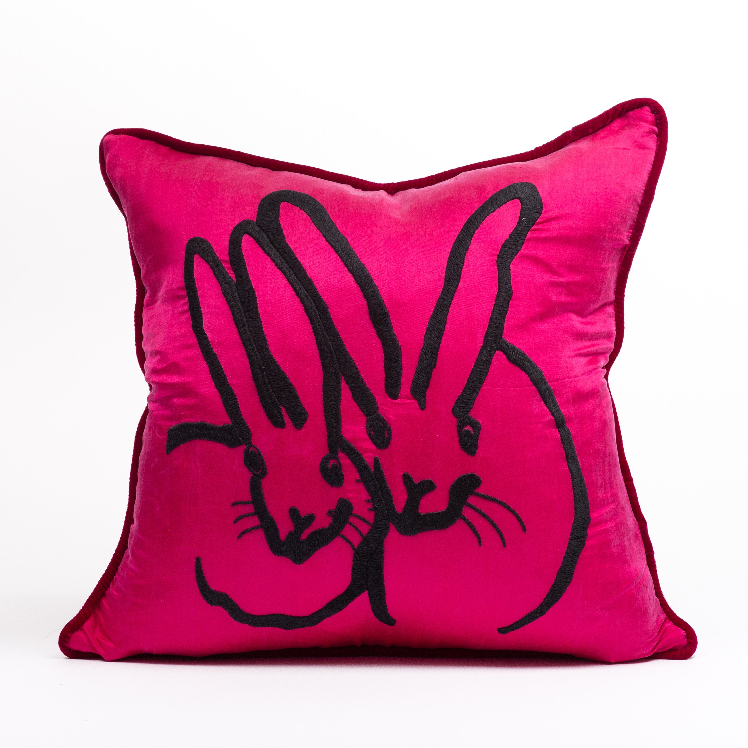 Hand-Embroidered Silk & Velvet Bunny Pillow, Pink, 18 x 18 – Hunt Slonem